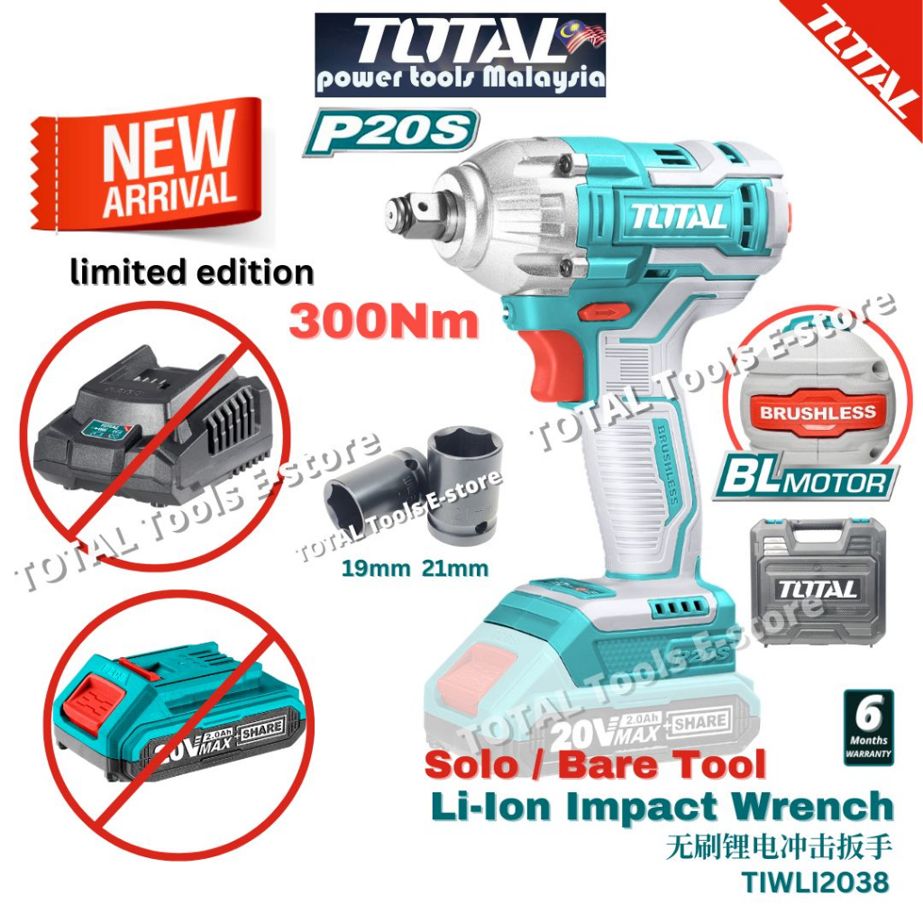TOTAL Li-ion Impact Wrench (300-850Nm) Brushless Motor + Battery (2 Pc ...