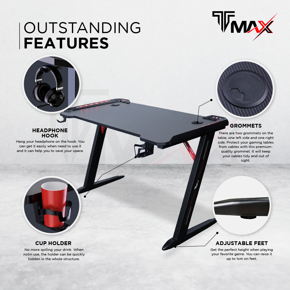 TMAX L120/140cm Z-shaped Gaming Table Gaming Desk With RGB Lighting ...