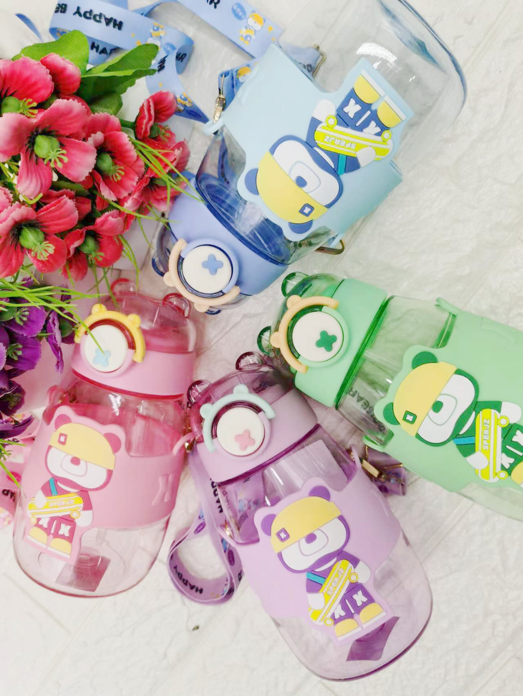 600ML Kids Water Bottle Cute Cartoon Drinking Bottle with Straw and Strap BPA Free Botol Air ...