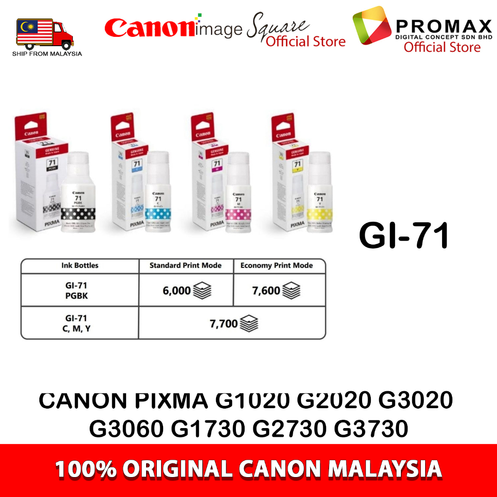 CANON GI-71 GI-71S INK BLACK/CYAN/MAGENTA/YELLOW G3020/G3060/G1020 ...