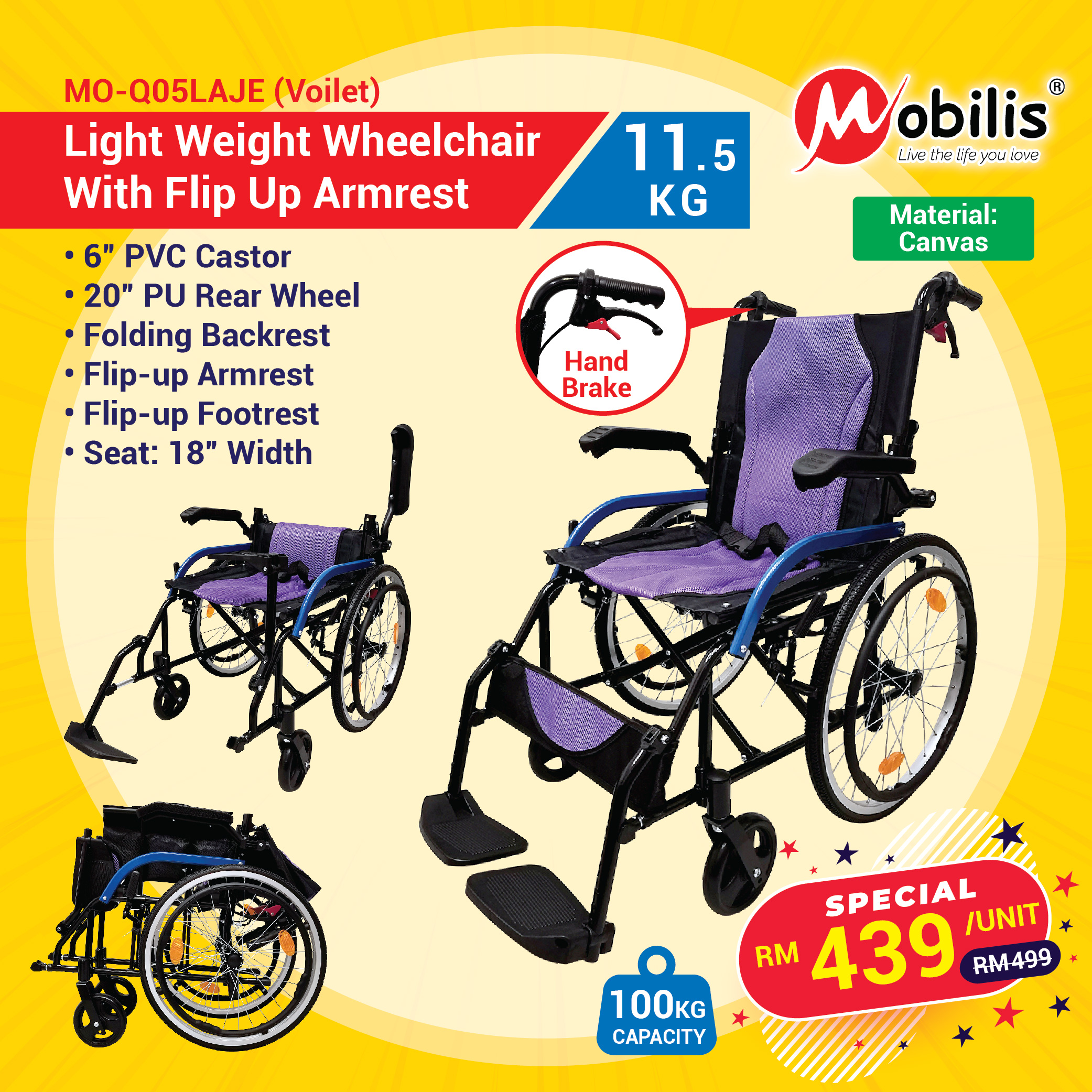 [CLEARANCE STOCK]Mobilis Flip-up Armrest Wheelchair (20" Wheel) MO ...