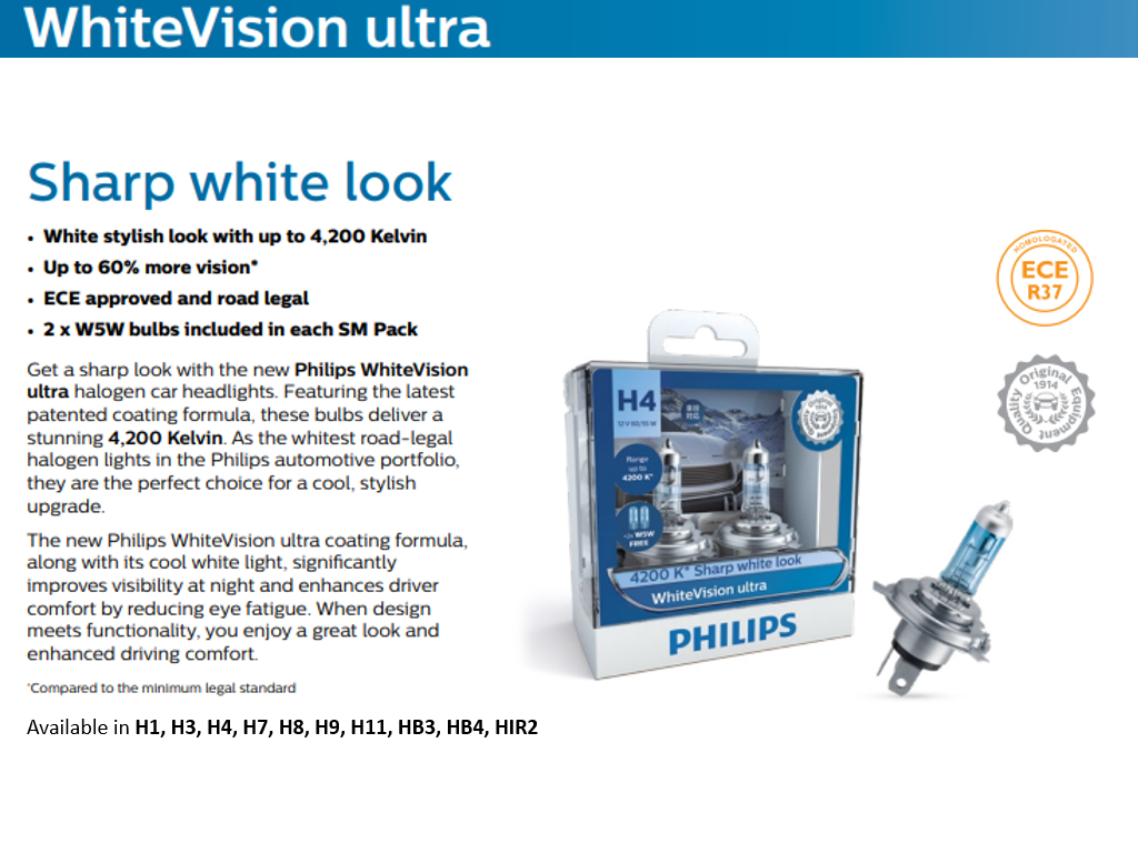 Philips White Vision Ultra Car Headlight Halogen Bulb ( +60% More Light ...
