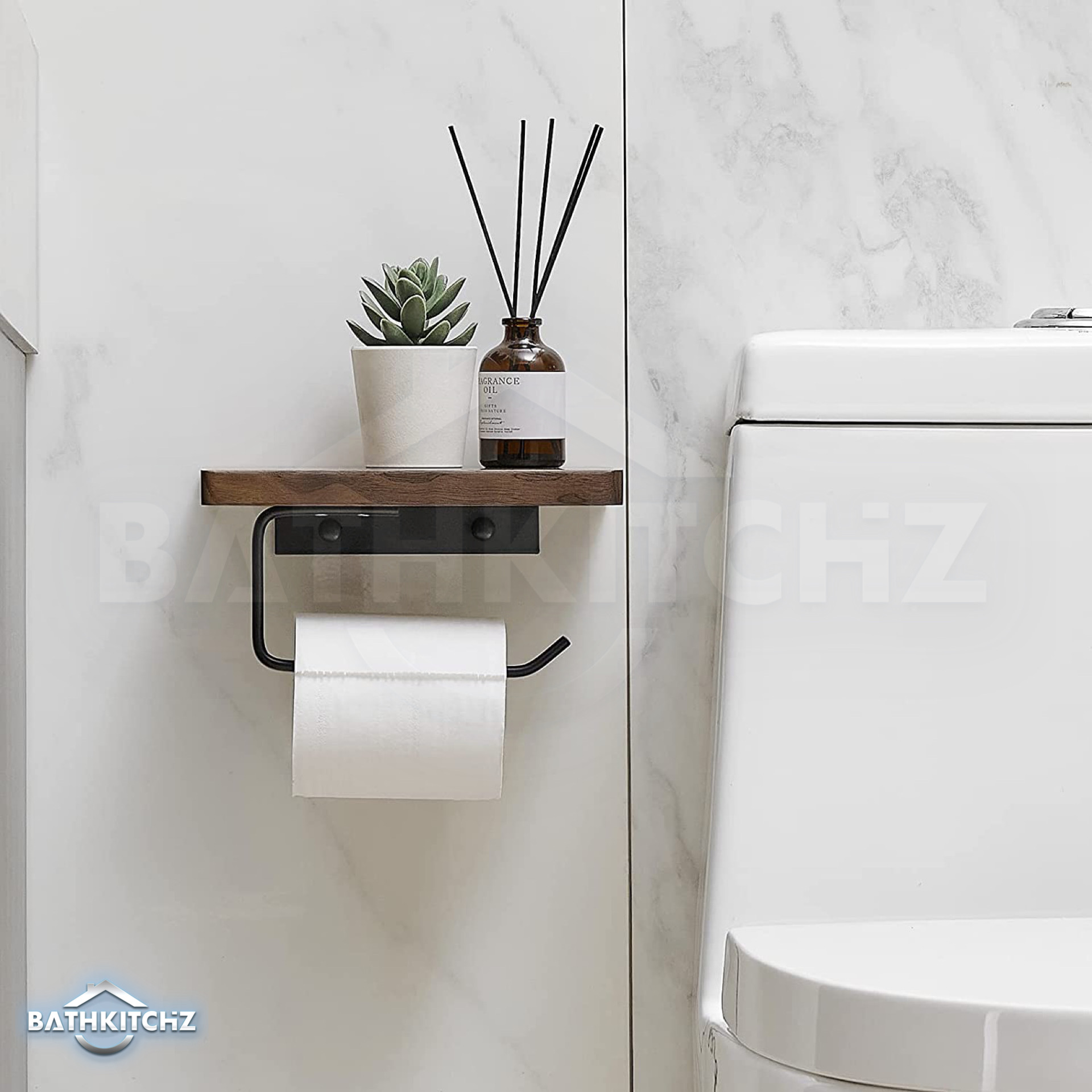 BATHKITCHZ Toilet Paper Holder with Natural Walnut Wooden Shelf Tissue ...