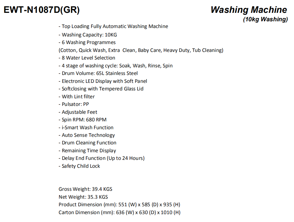 Elba Washing Machine 10kg / 12kg EWT-N1087D(GR) / EWT-N1287D(GR) Top ...