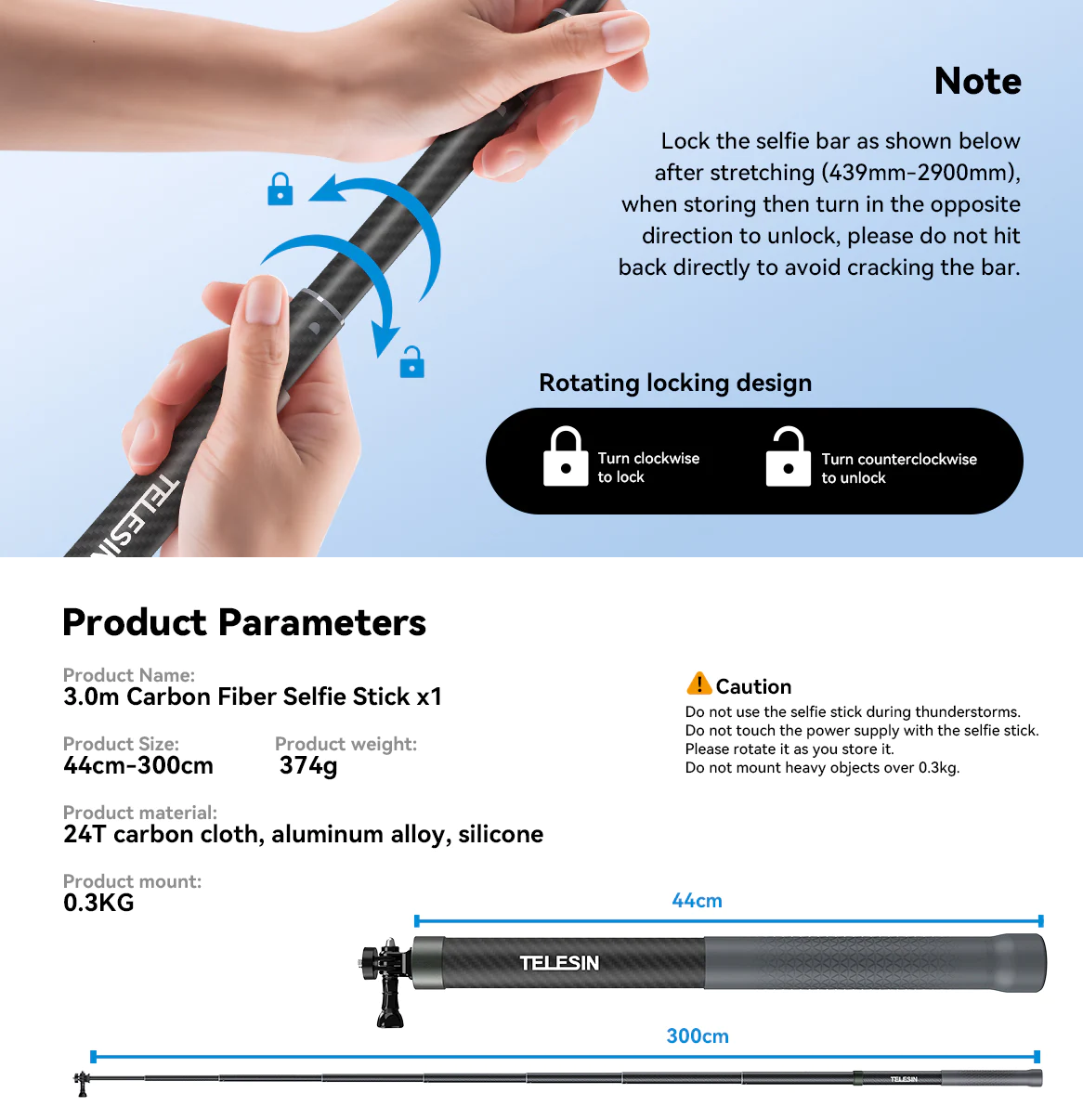 TELESIN 3M | 2.7M | 1.2M Carbon Fiber Invisible Selfie Stick Monopod ...