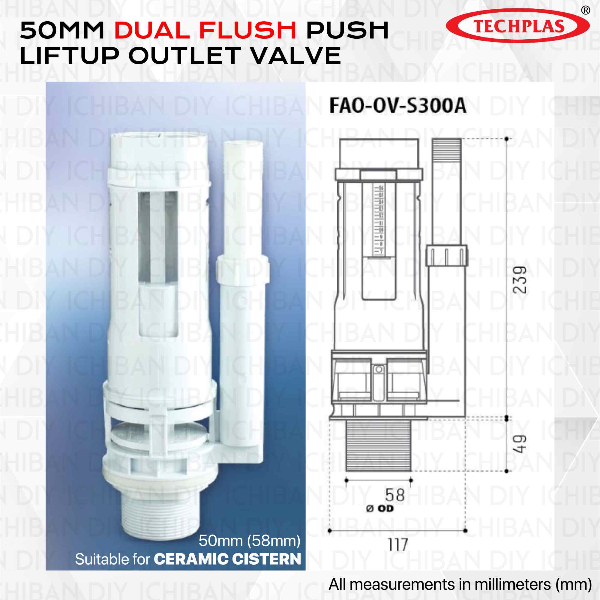 Techplas Single/ Dual Flush Push Button Liftup Outlet Valve Water Tank Pump Cistern Spare Part ...