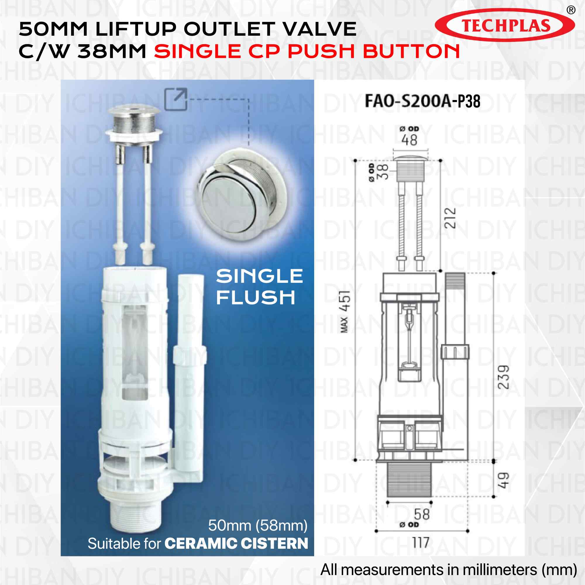 Techplas Single/ Dual Flush Push Button Liftup Outlet Valve Water Tank Pump Cistern Spare Part ...