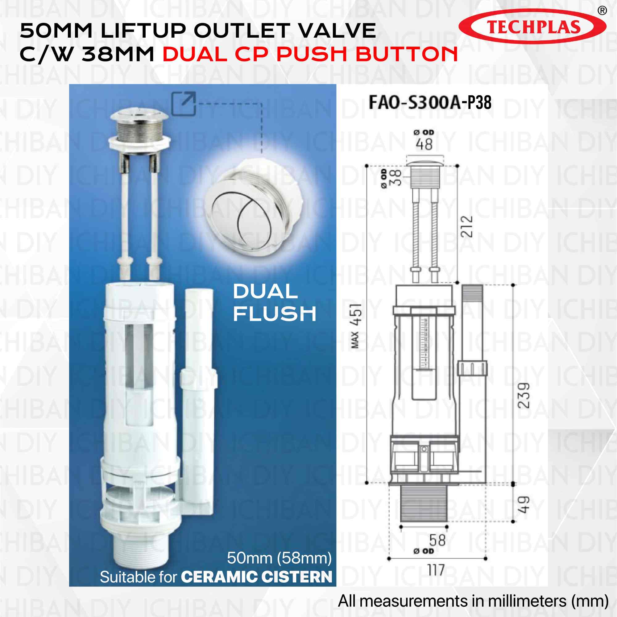 Techplas Single/ Dual Flush Push Button Liftup Outlet Valve Water Tank Pump Cistern Spare Part ...