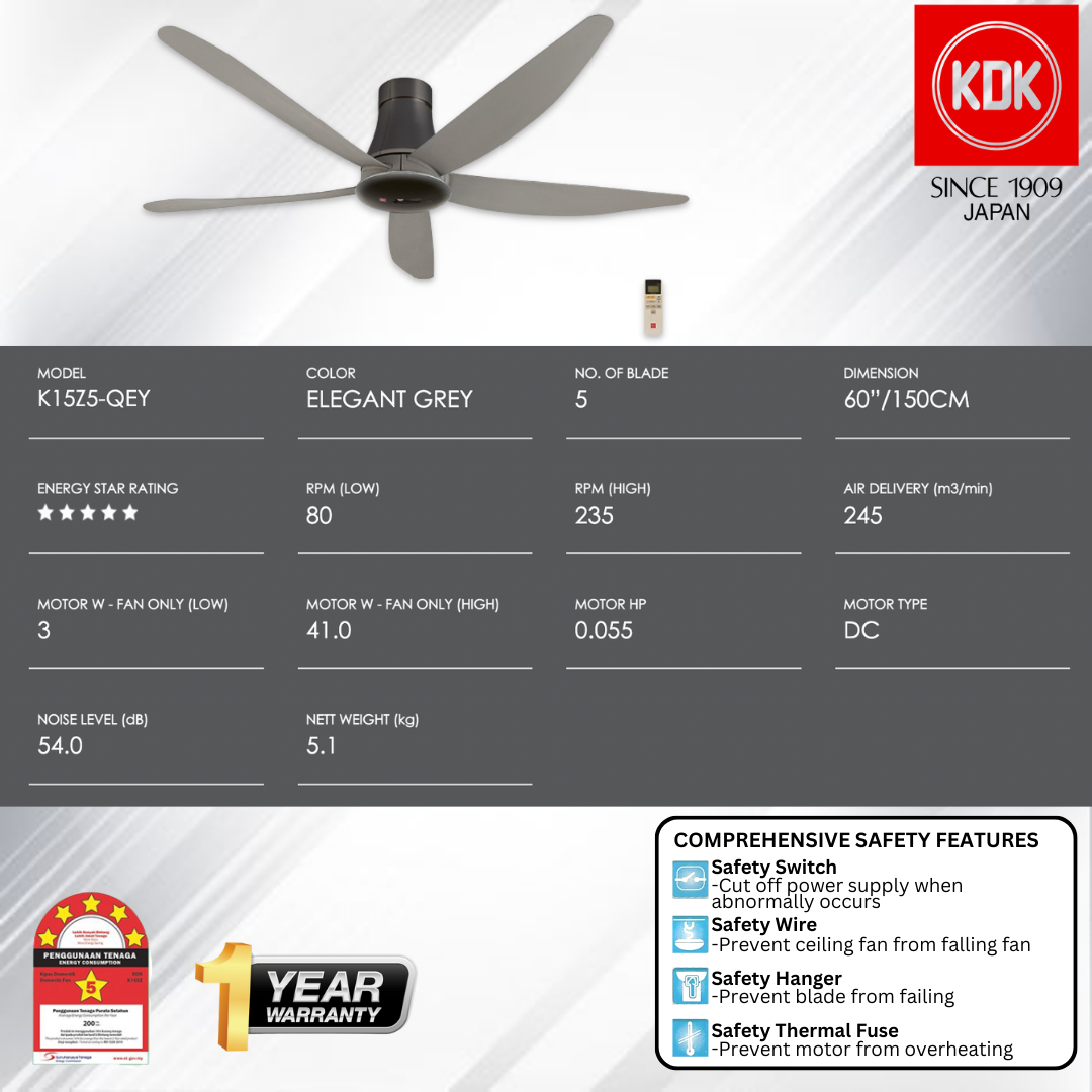 KDK K15Z5-REY/K15Z5-QEY Long Pipe/Short pipe Ceiling Fan with ...