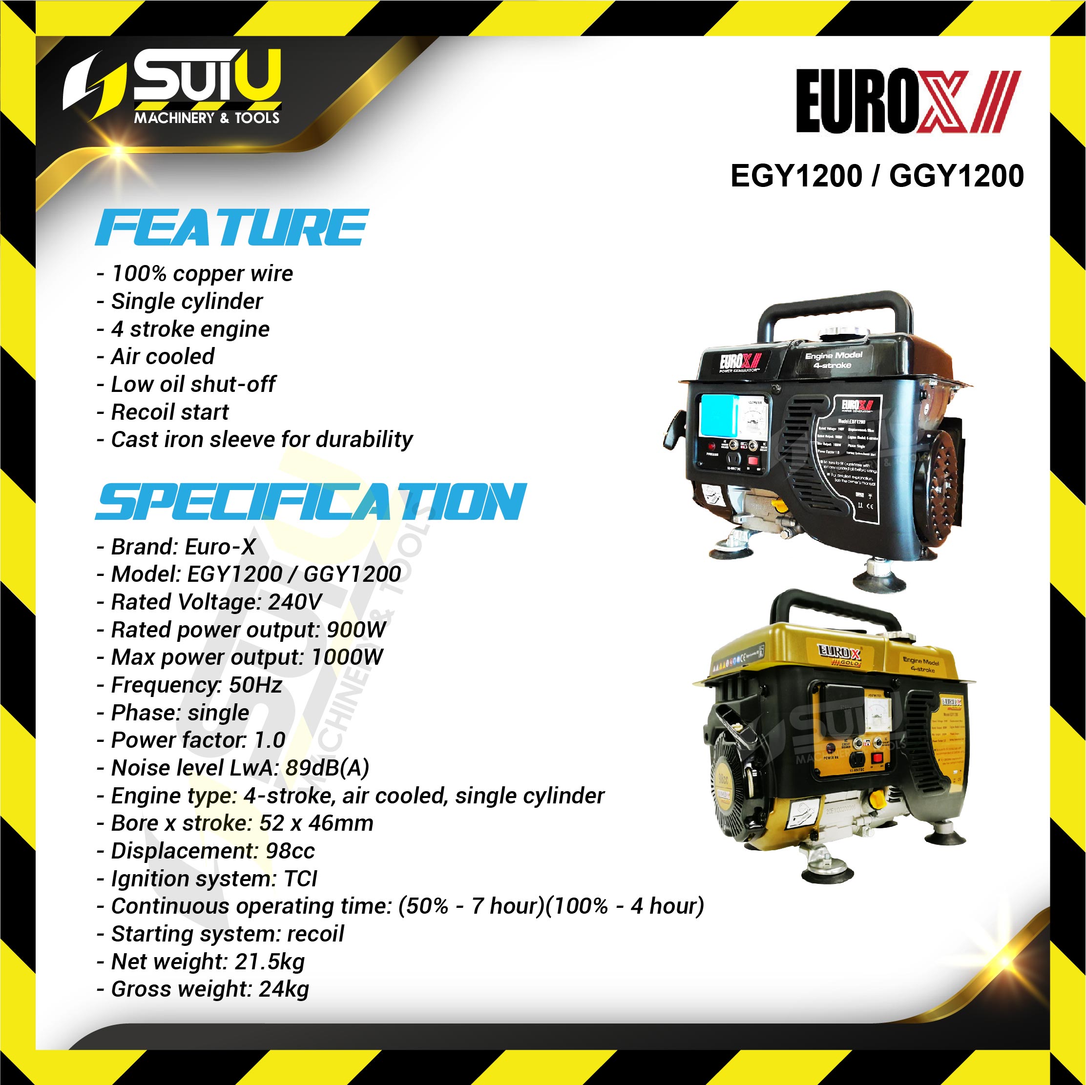 EUROX GGY1200 / EGY1200 4-Stroke Portable Petrol Generator / Pasar Malam Penjana / 发电机 1000W ...