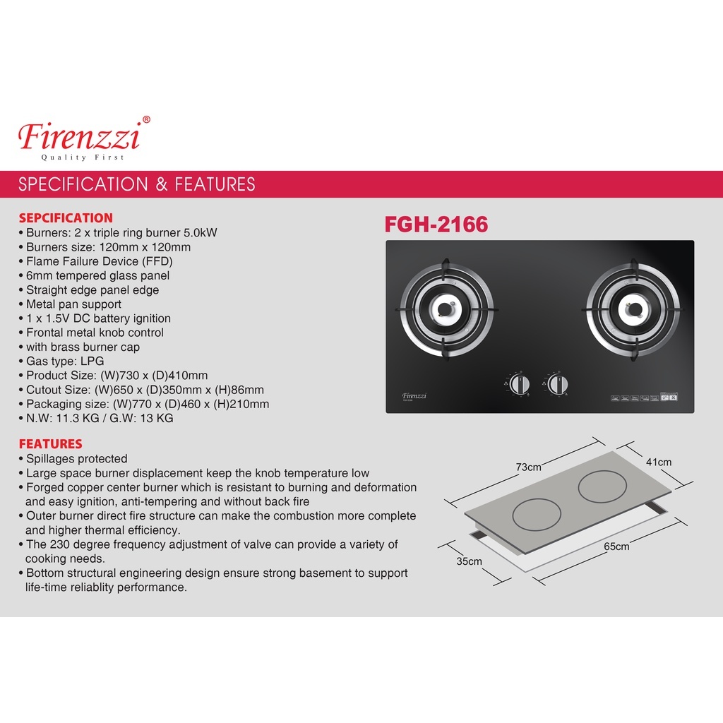 Firenzzi Glass Hob FGH-8628 XP High Flame 10.8kW Safety Valve Device ...
