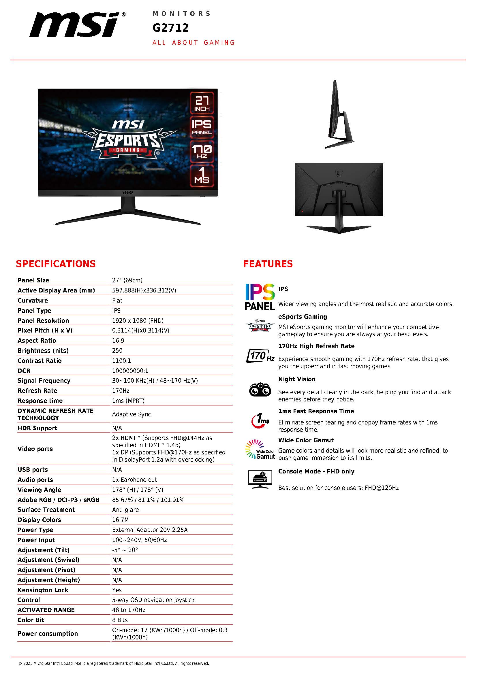 MSI Optix G2712 27" Full HD IPS 1ms 170Hz eSports Gaming Monitor ...