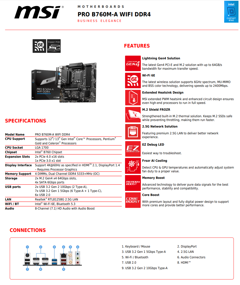 MSI PRO B760M-A WIFI DDR4 / D4 LGA1700 MOTHERBOARD COMBO DEAL Intel I3 ...