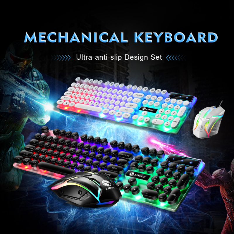 Mechanical Wireless Keyboard and Mouse Set Rainbow RGB Colour LED Light ...