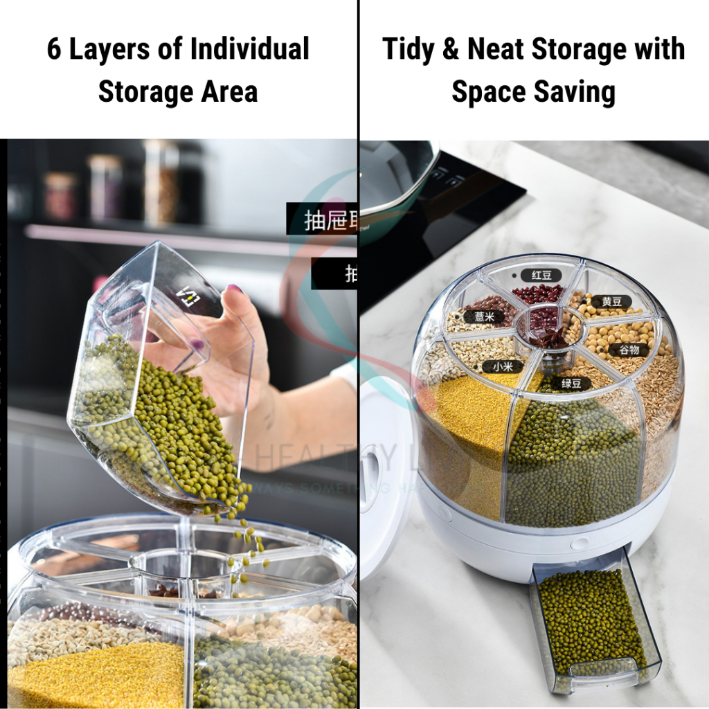 【READY STOCK】6 Grid Rotating Rice Dispenser Rice Storage Bucket Rice ...