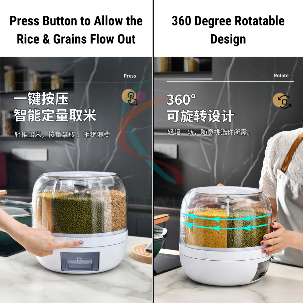 【READY STOCK】6 Grid Rotating Rice Dispenser Rice Storage Bucket Rice ...