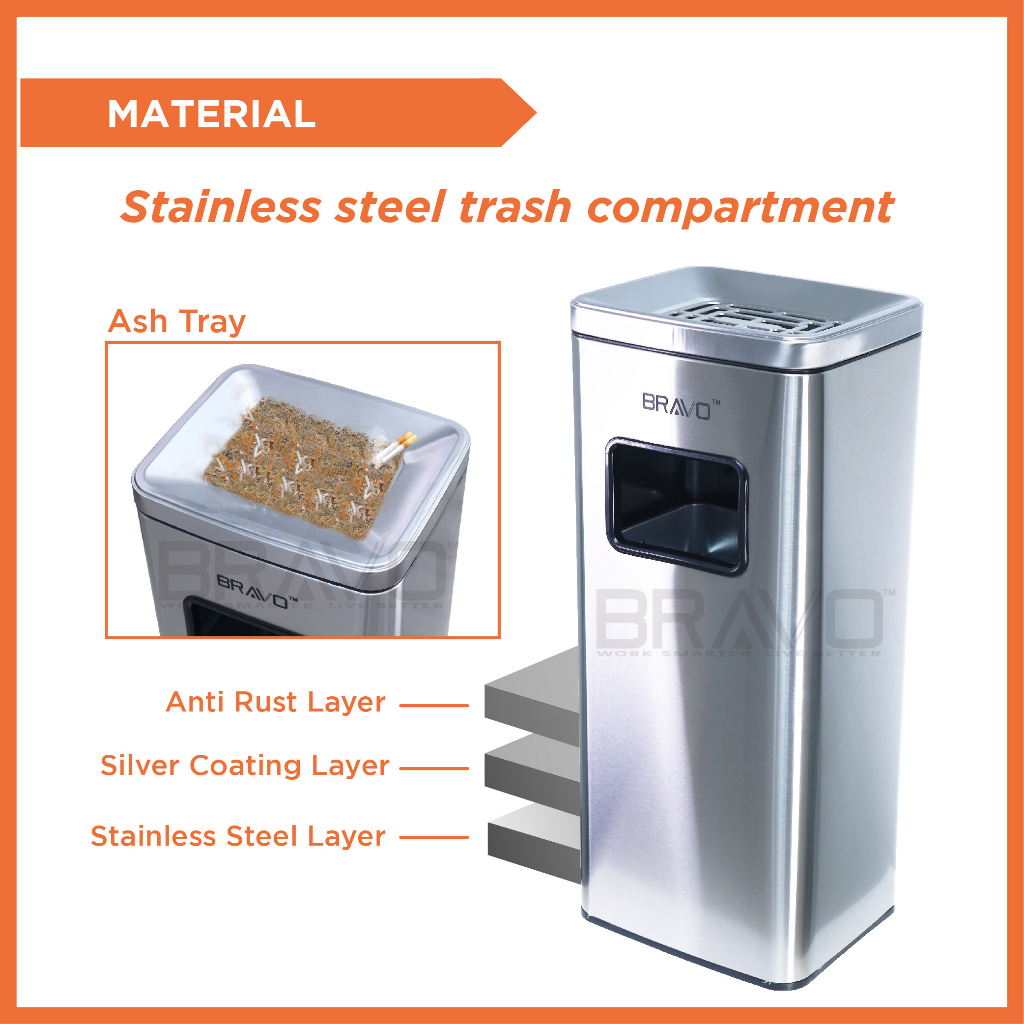 BRAVO Stainless Steel Dustbin With Ashtray Tong Sampah Stainless Steel ...