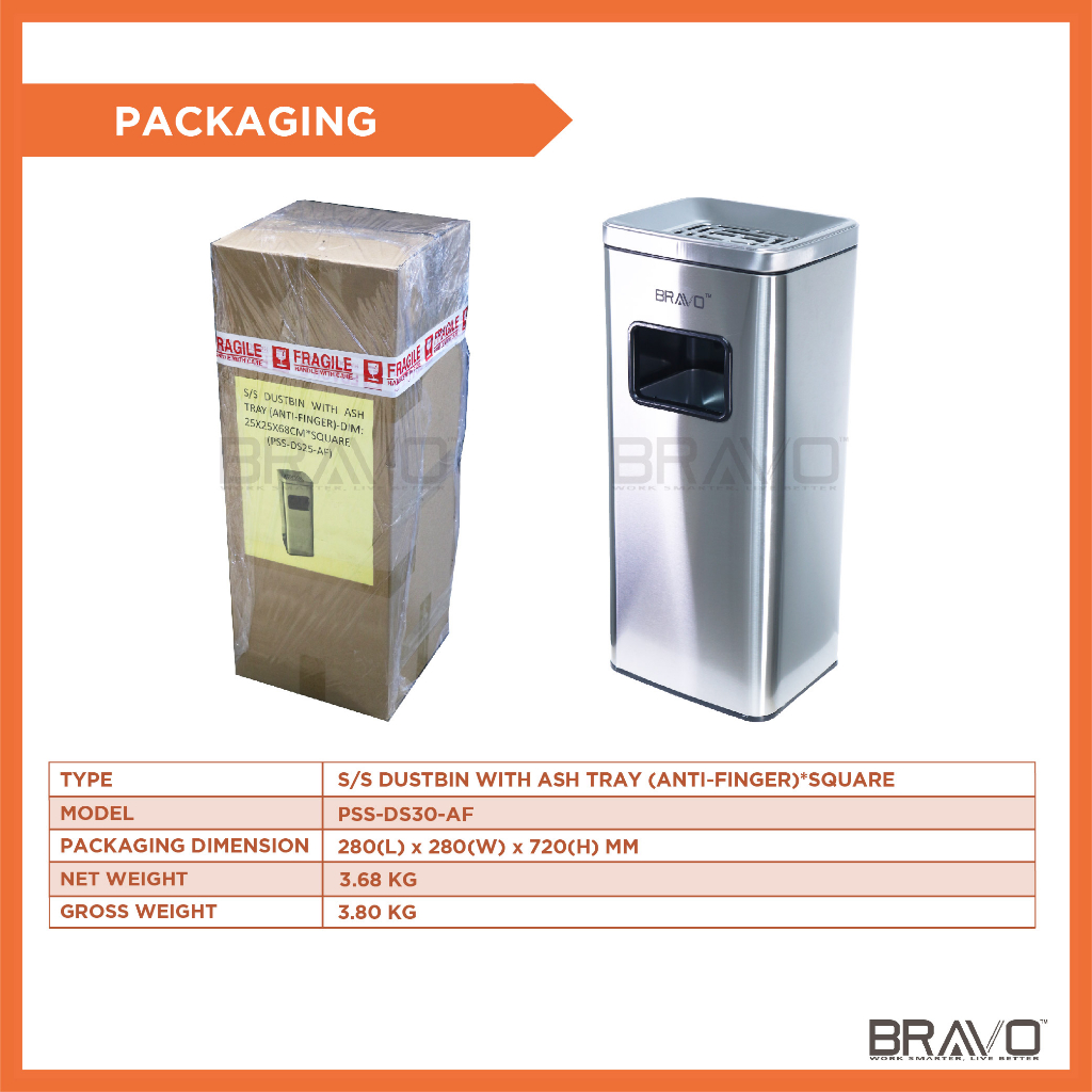 BRAVO Stainless Steel Dustbin With Ashtray Tong Sampah Stainless Steel ...