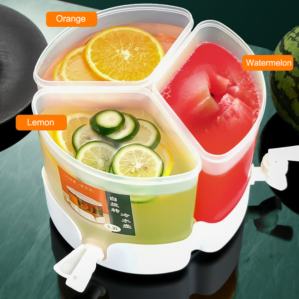 5.2L Water Juice Dispenser Cold Kettle 3 Compartment Rotatable Beverage ...