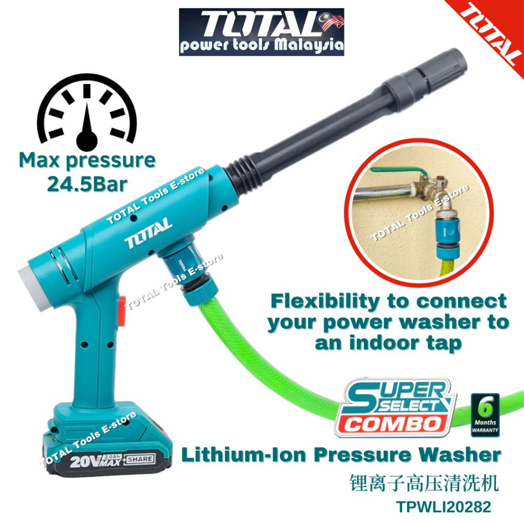 TOTAL Portable 20v P20s Series Cordless Pressure Washer + Lithium-Ion ...