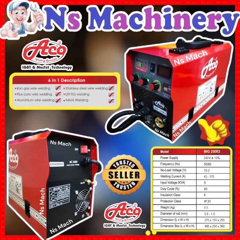 ACO Mig 250R3 Mig250v Mvx250v Professional 3 IN 1 MIG/MMA & GASLESS ...