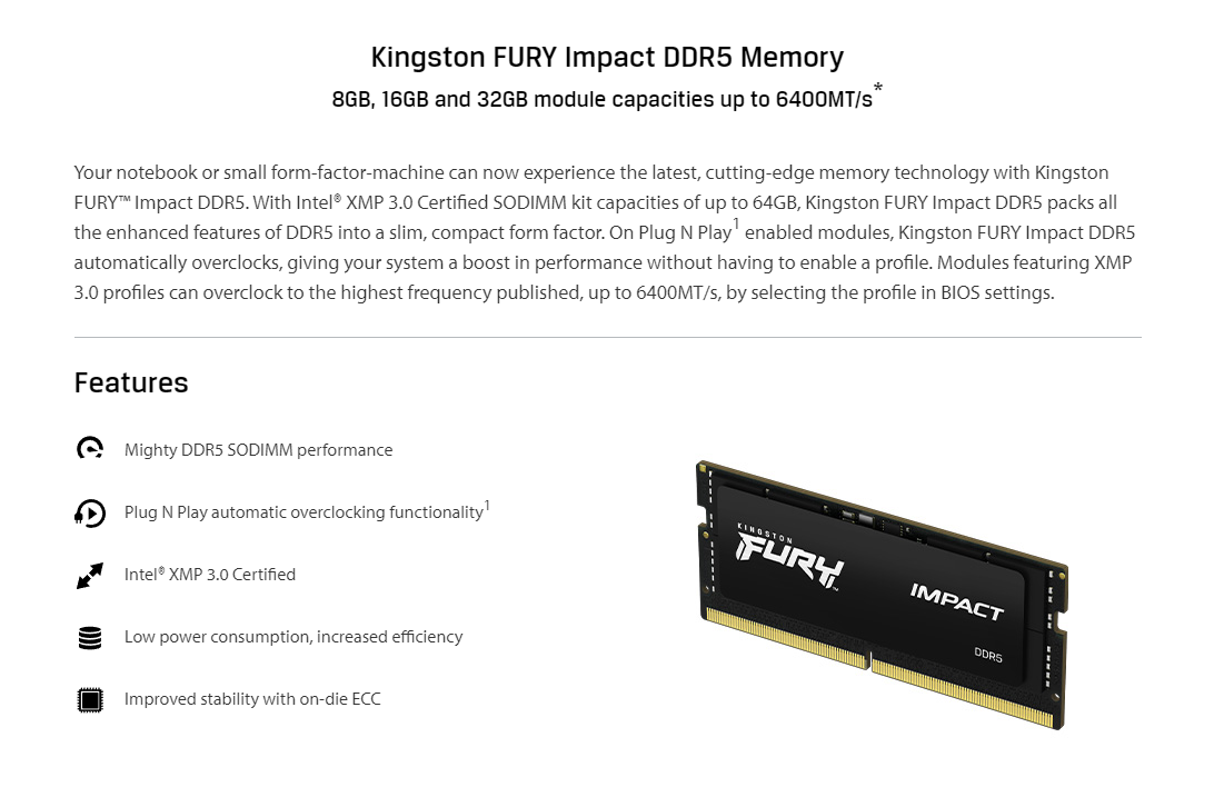 Kingston FURY Impact (8GB/16GB/32GB) 4800MHz DDR5 CL38 SODIMM RAM Laptop / Notebook Memory RAM ...