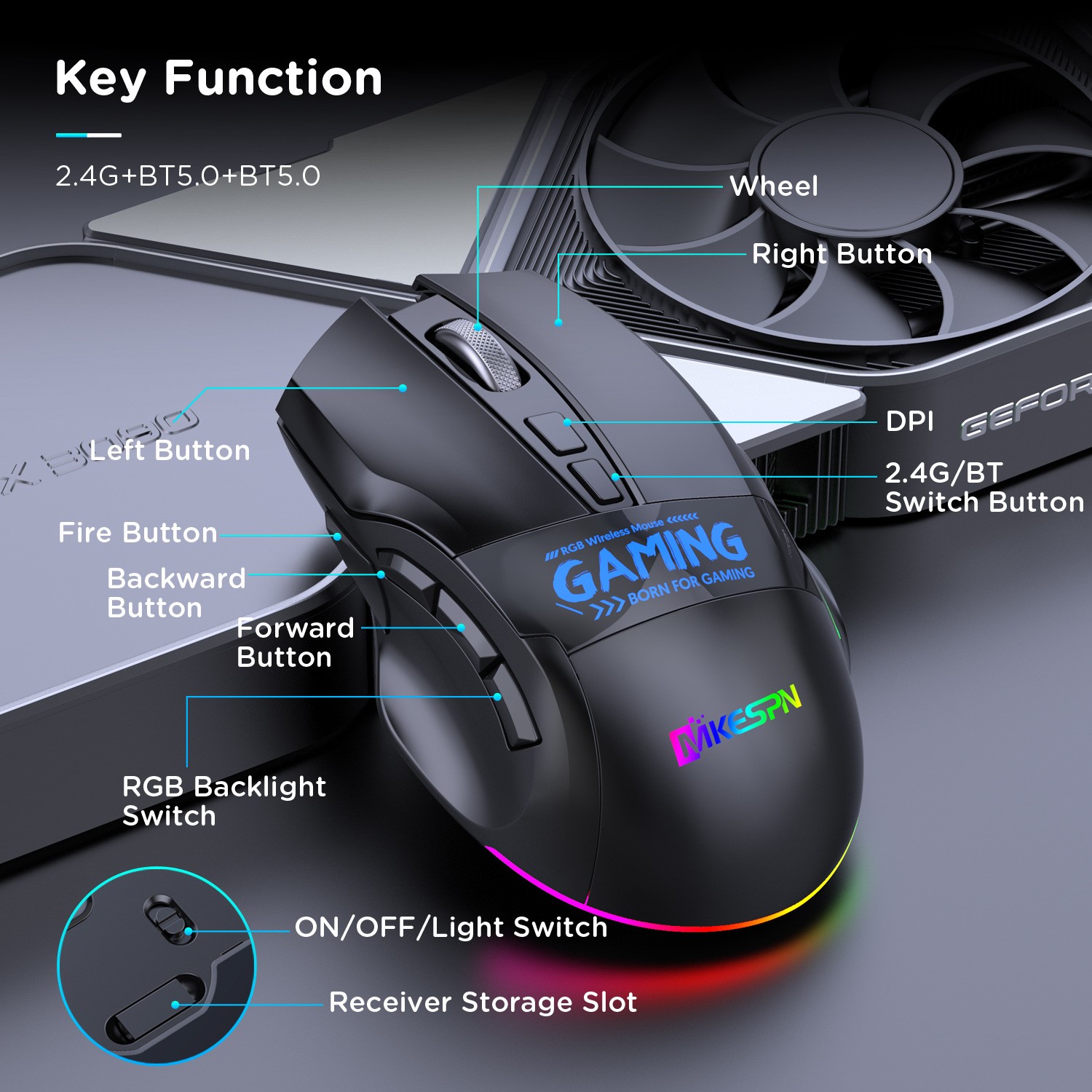 RGB Wireless Mouse Bluetooth Mice W10 Mouse 2400DPI LED Gaming ...