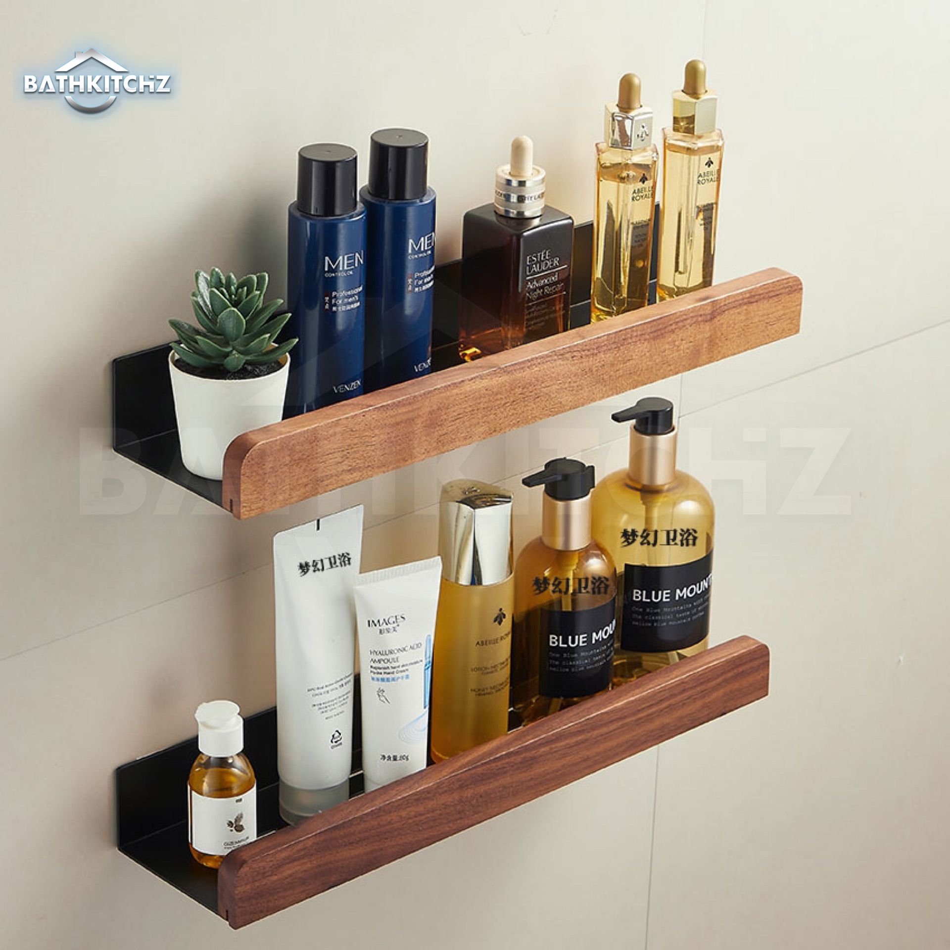BATHKITCHZ Wooden Bathroom Shelving Shower Room Shelf Shampoo Rack ...
