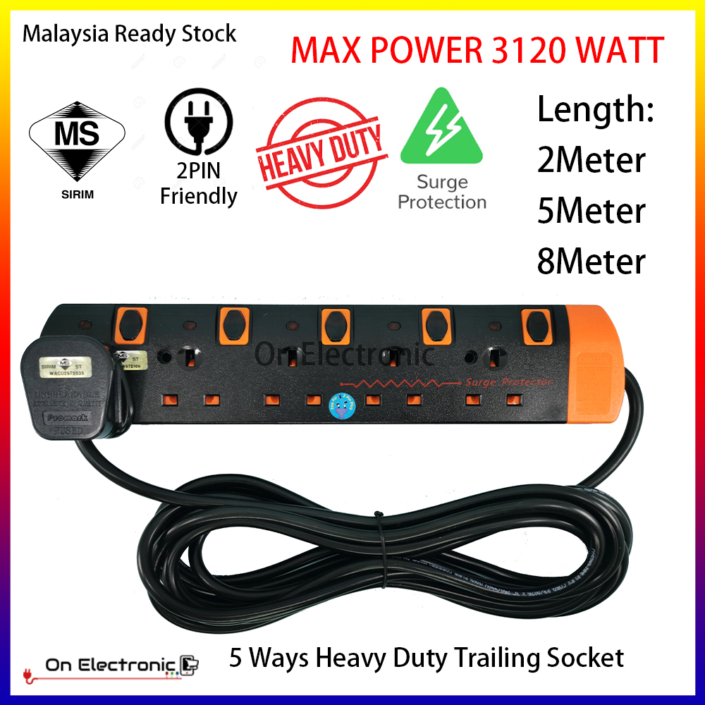 High Quality 3,4,5,6 WAY HEAVY DUTY TRAILING SOCKET EXTENSION SOCKET 2 / 5 / 8 METER MAX POWER ...