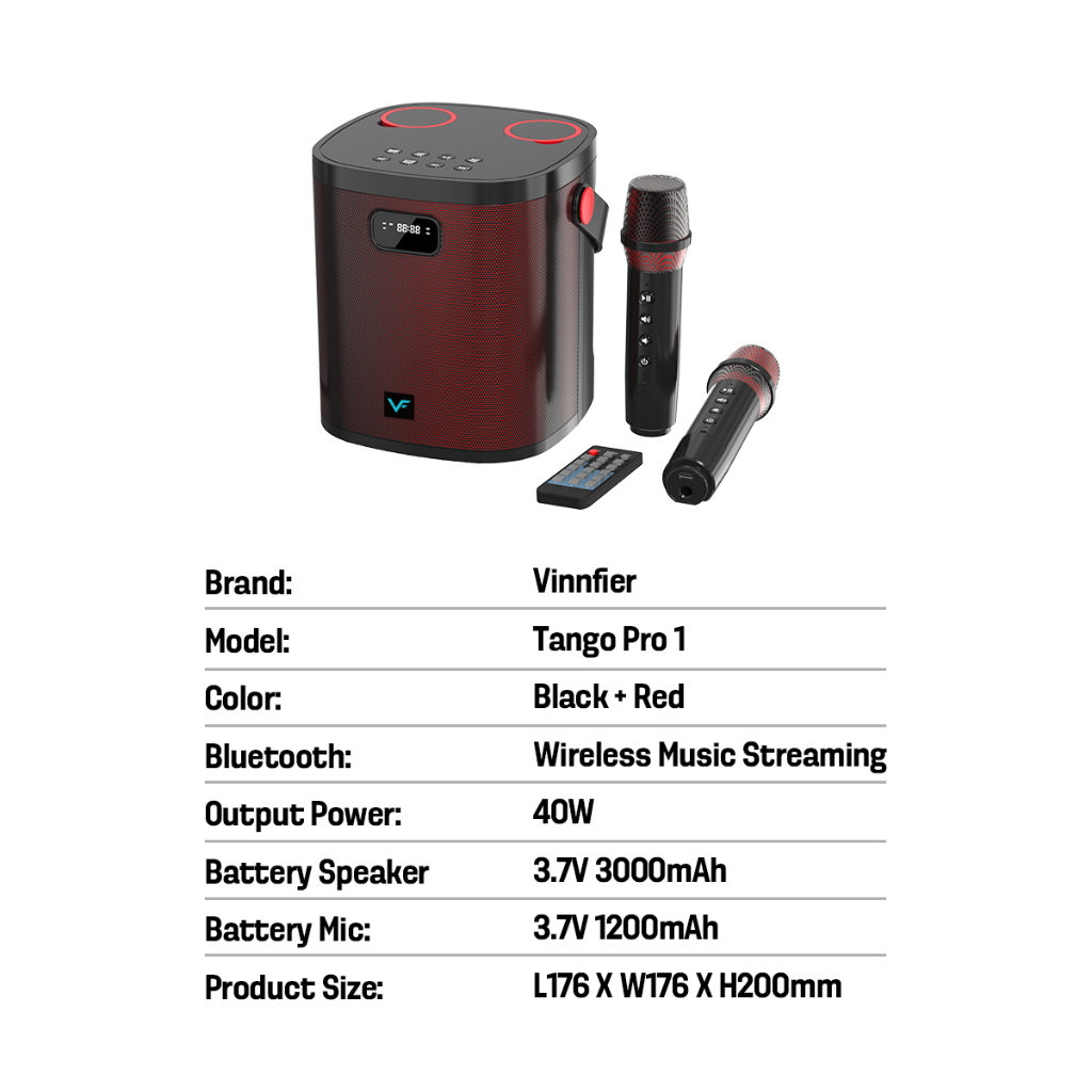 Vinnfier VF Tango Pro 1 Bluetooth Portable Karaoke Speaker with 2 Wireless Microphone TWS USB ...