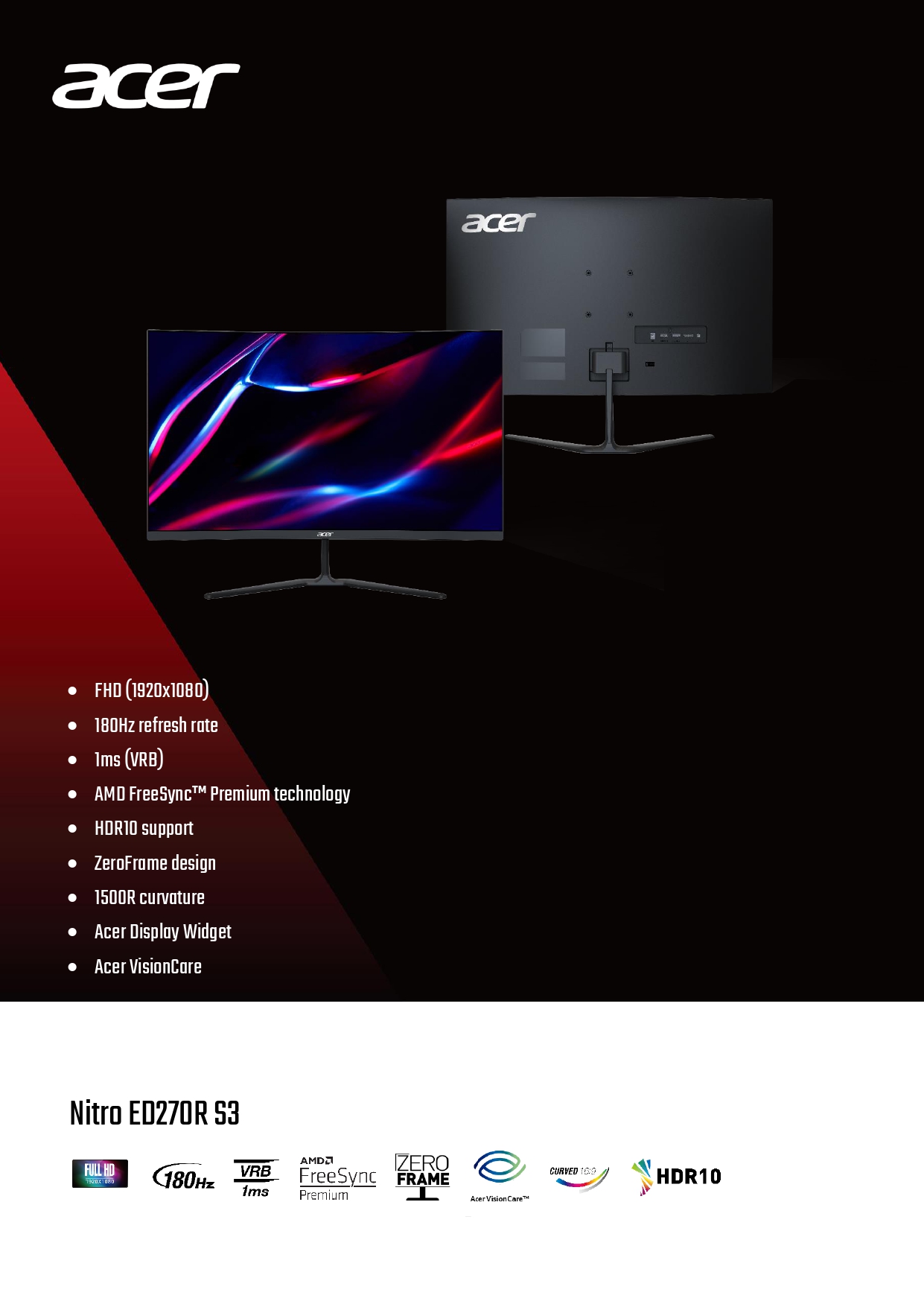 ACER Nitro ED270R S3(180HZ) / ED270R X0 (200HZ) 27" CURVED GAMING ...