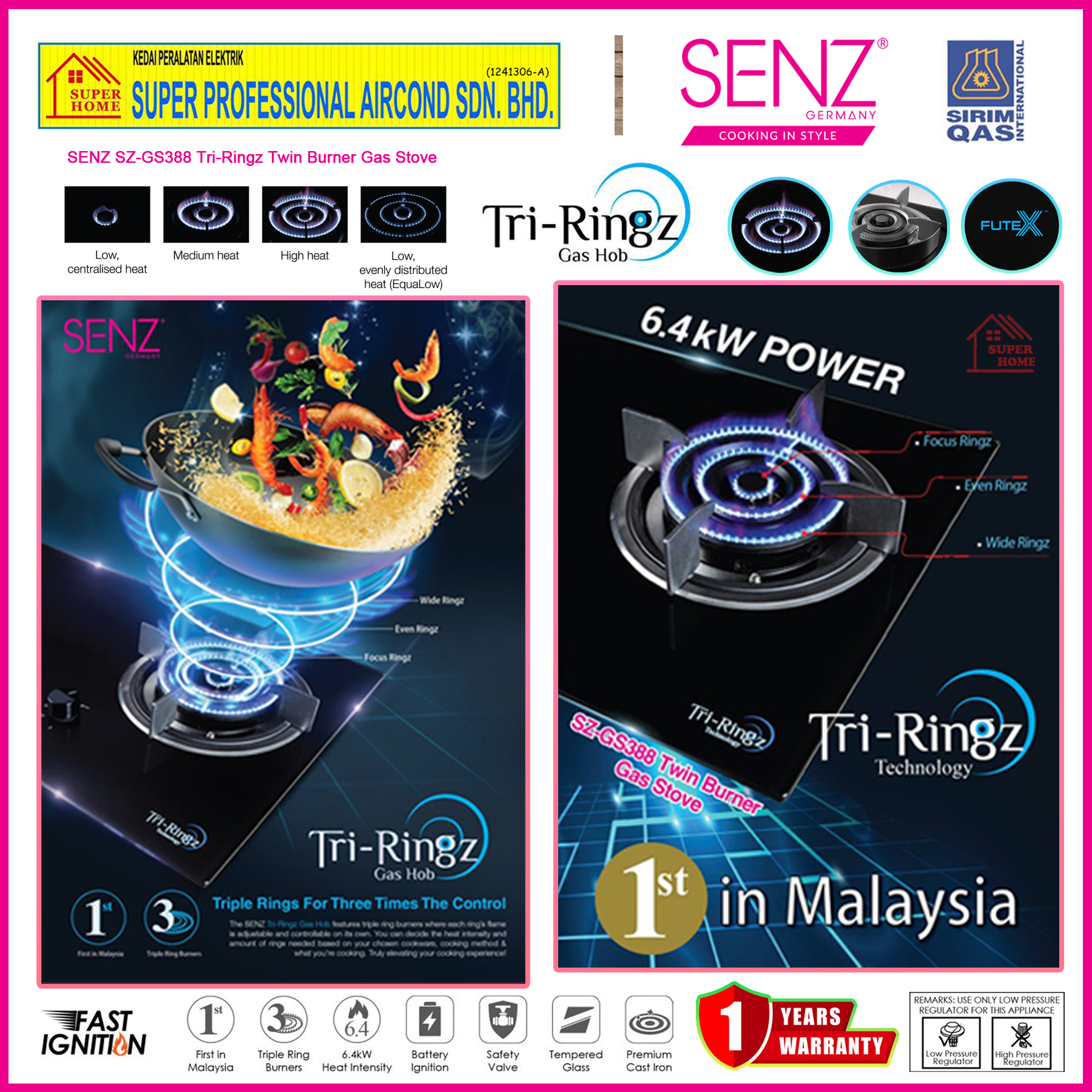 Senz Built-in Hob SZ-GS388Tri-Ringz Twin Burner Gas Stove Safety Device ...