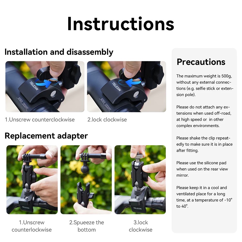 TELESIN Handlebar Mount Bicycle Motorcycle Bike Tube Clamp for GoPro ...