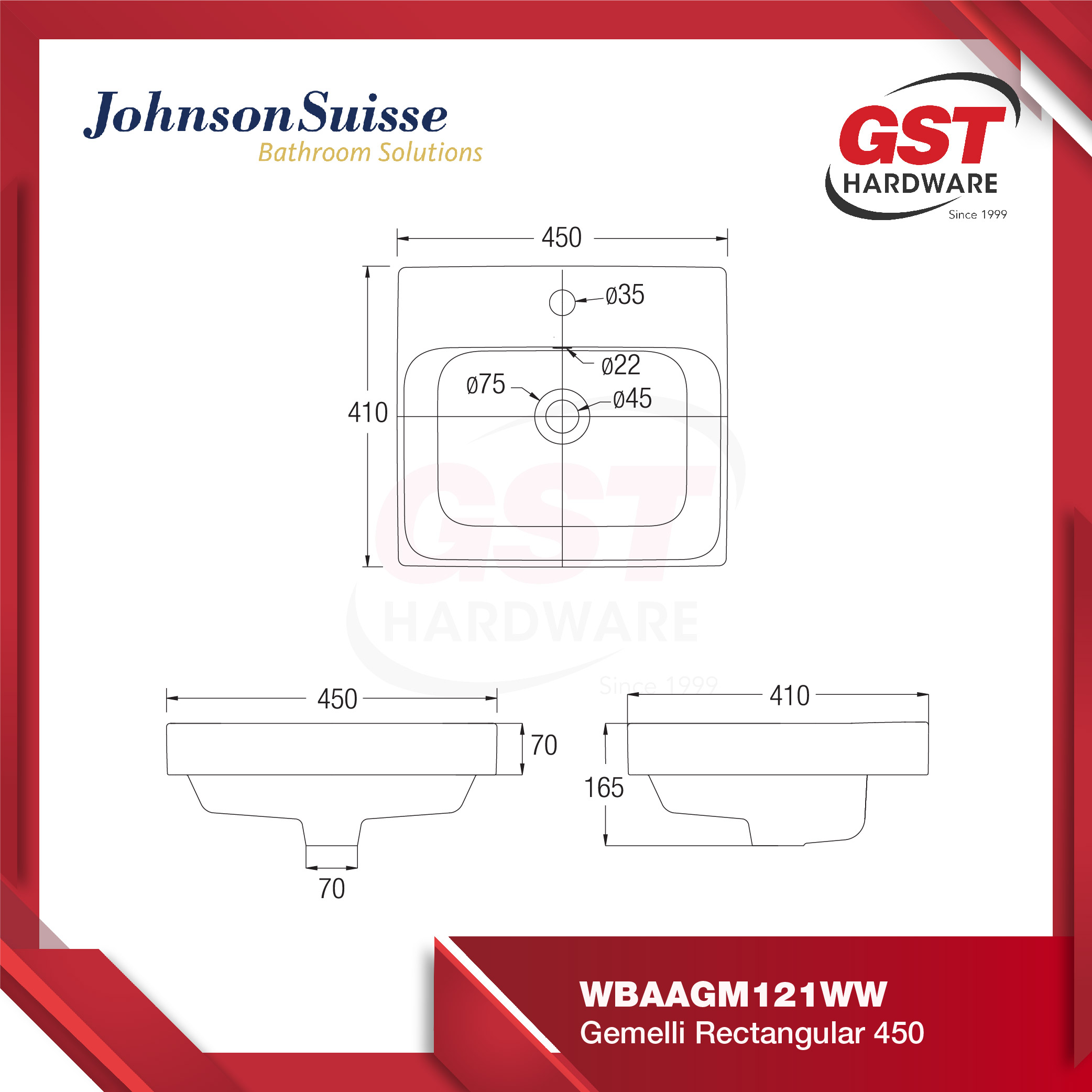 Johnson Suisse Gemelli Rectangular 450 Semi-insert Basins Countertop ...