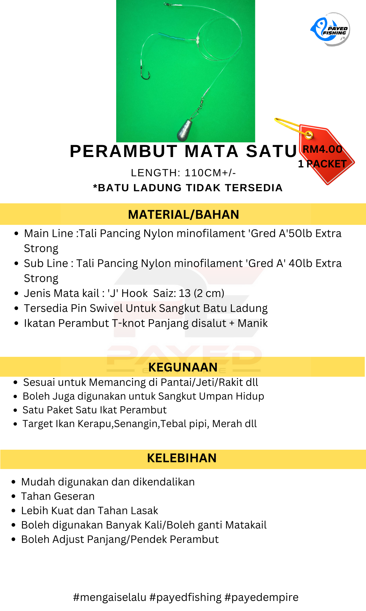 Perambut MATA SATU Diikat T-knot Panjang Kuat & Seimbang 100cm+/- (Satu ...