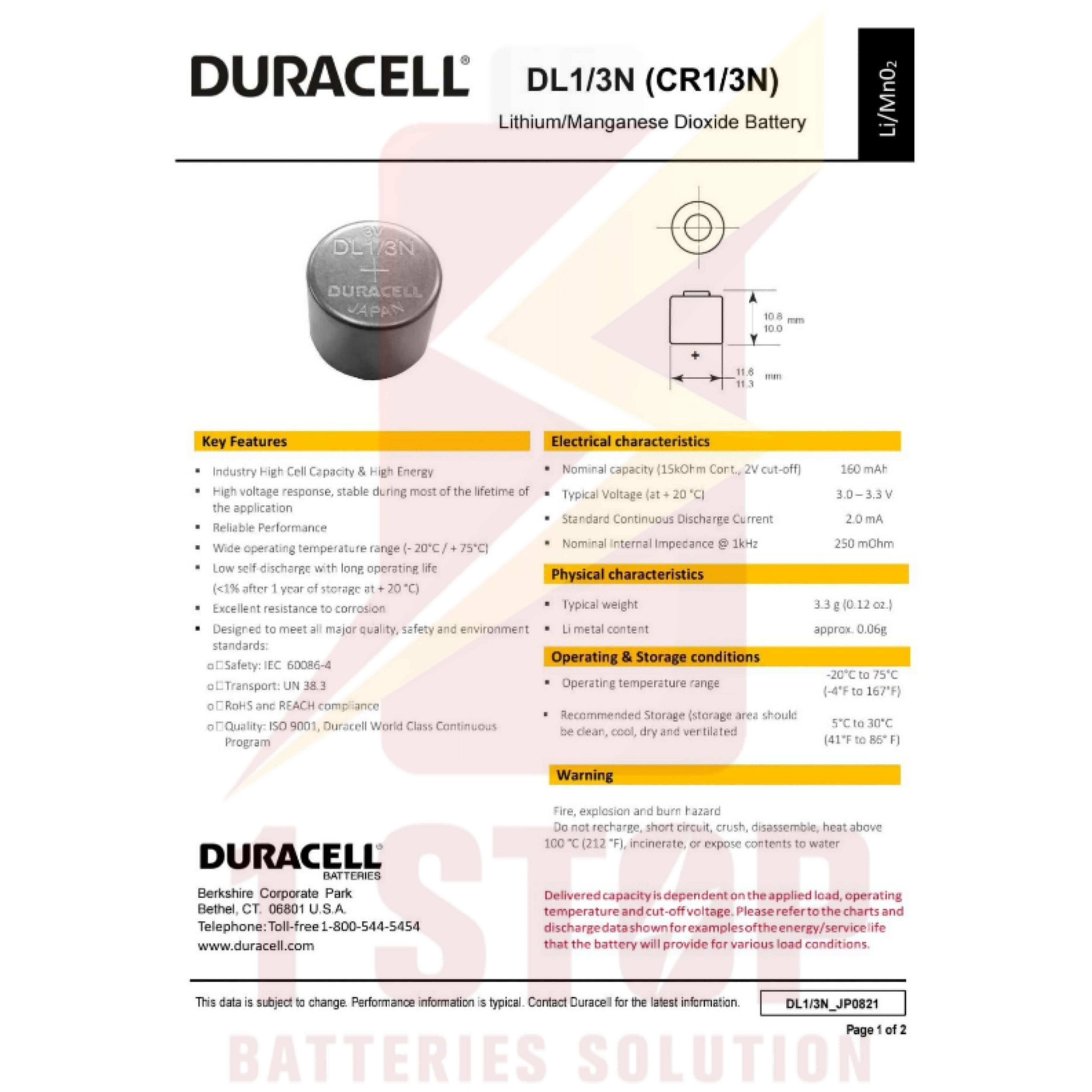 Original Duracell 3V DL1/3N CR1/3N CR-1/3N CR13N M6 M7 Lithium Battery ...