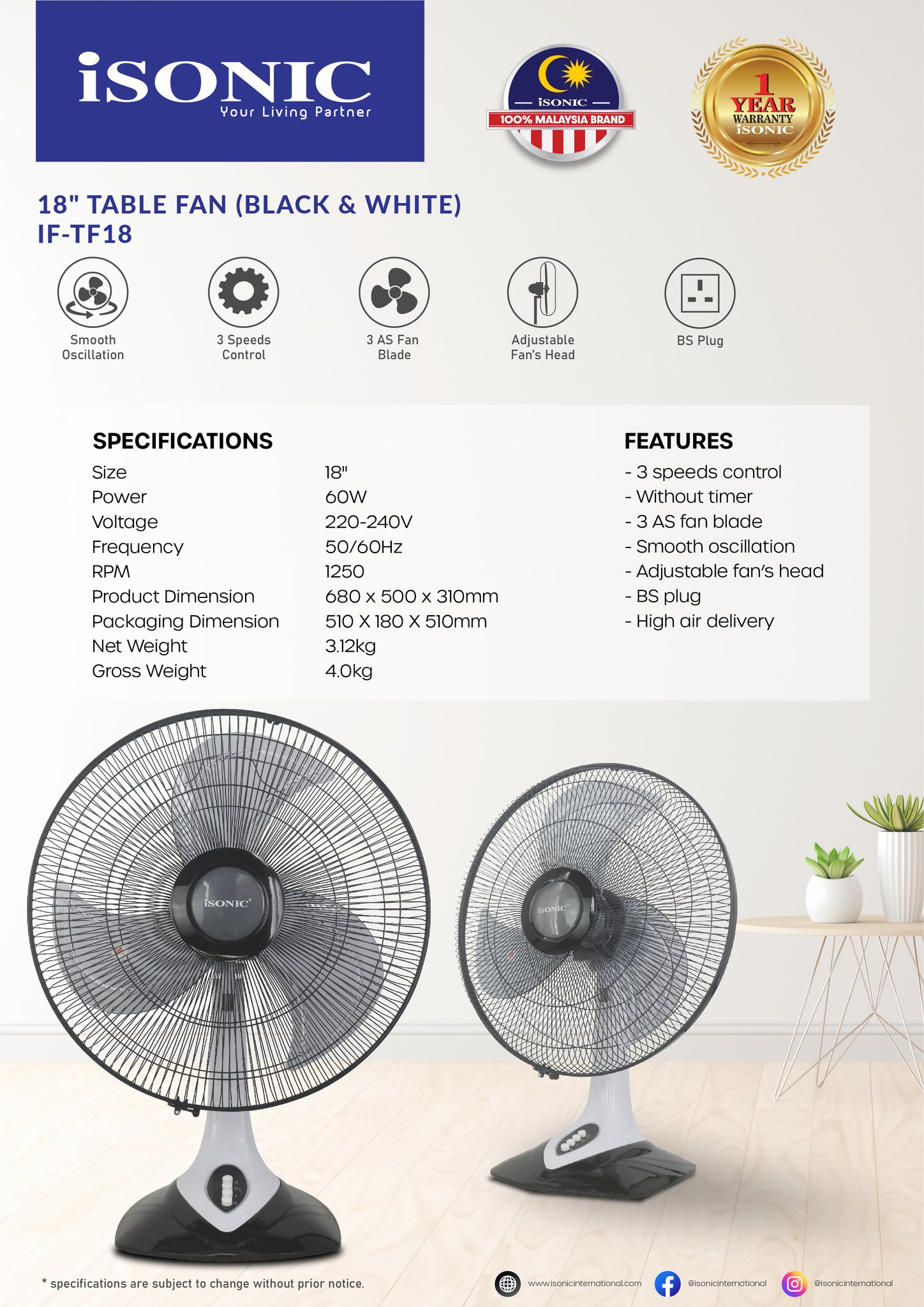 ISONIC 18 INCH TABLE FAN STAND FAN KIPAS MEJA 18 KIPAS DIRI 18 INCI ...