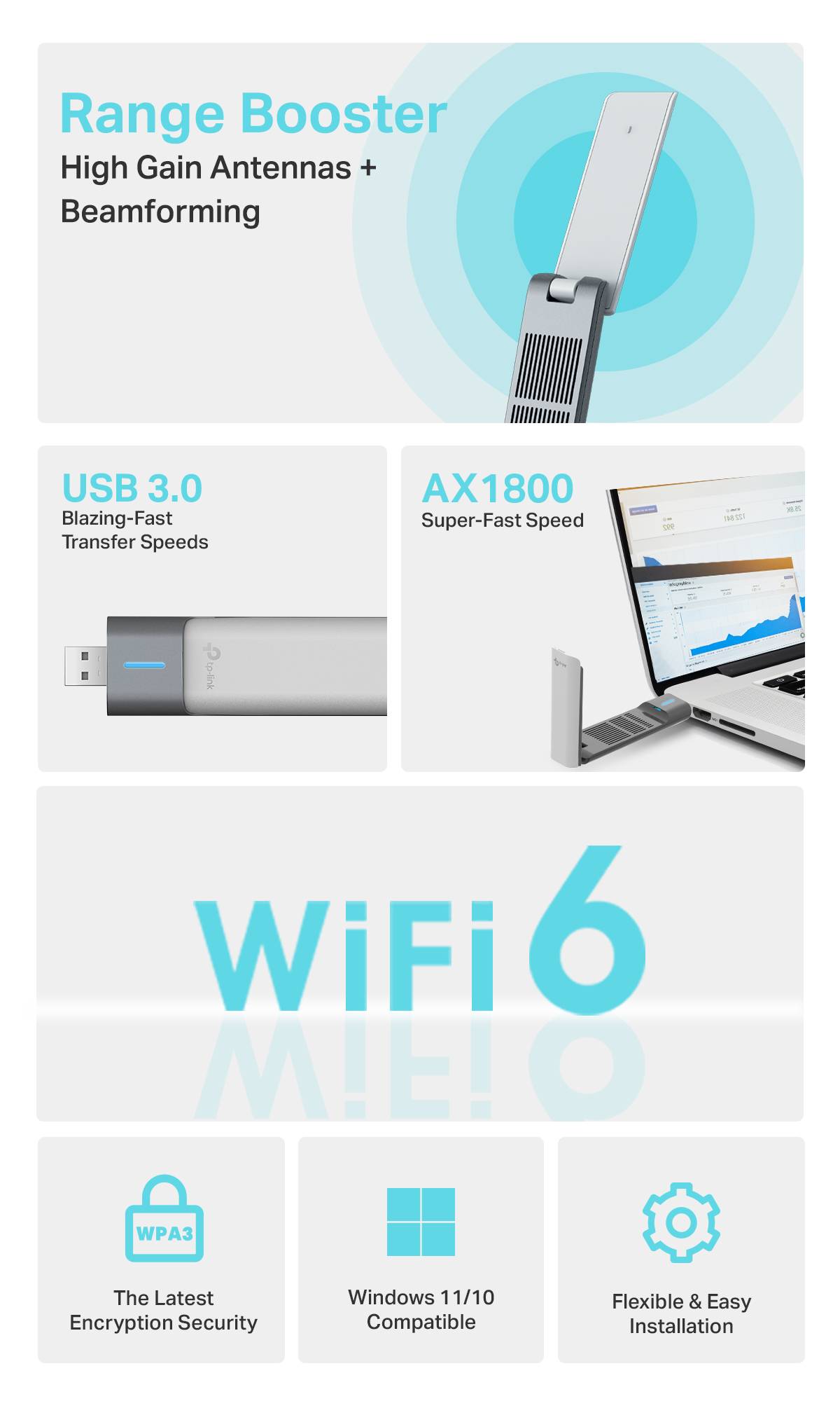 TP-Link Archer TX20UH AX1800 WiFi 6 High Gain USB 3.0 Wireless Adapter ...