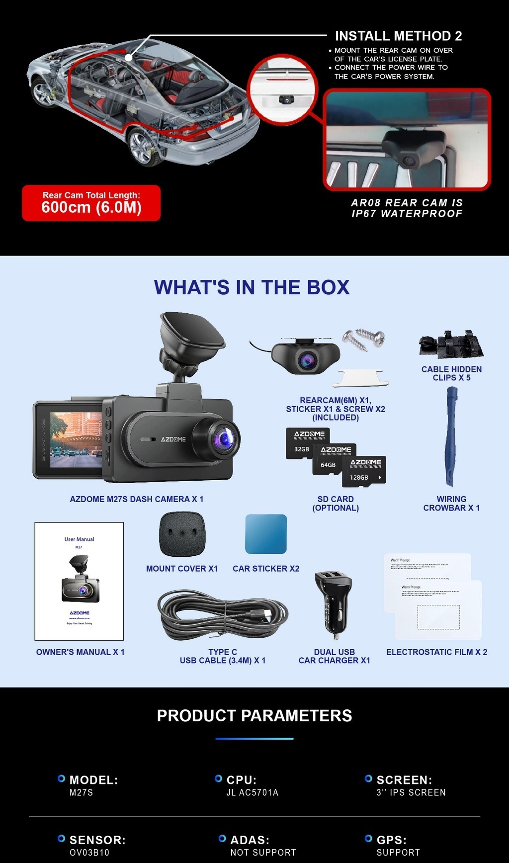 AZDOME M27S Full HD Dual Channel Front & Rear DashCam Night Vision ...