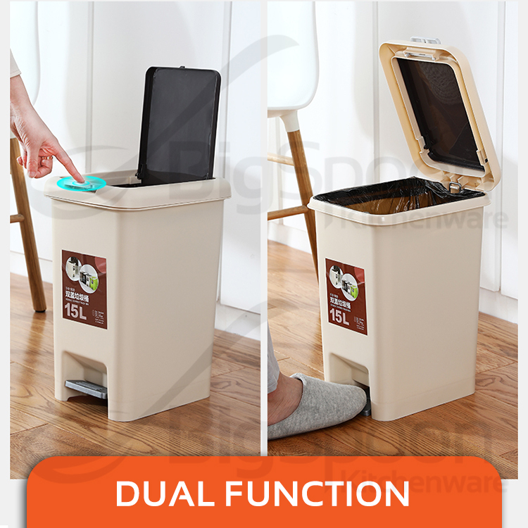 BIGSPOON Dual Pedal Dustbin with Lid Kitchen Rubbish Bin Trash Bin Tong ...
