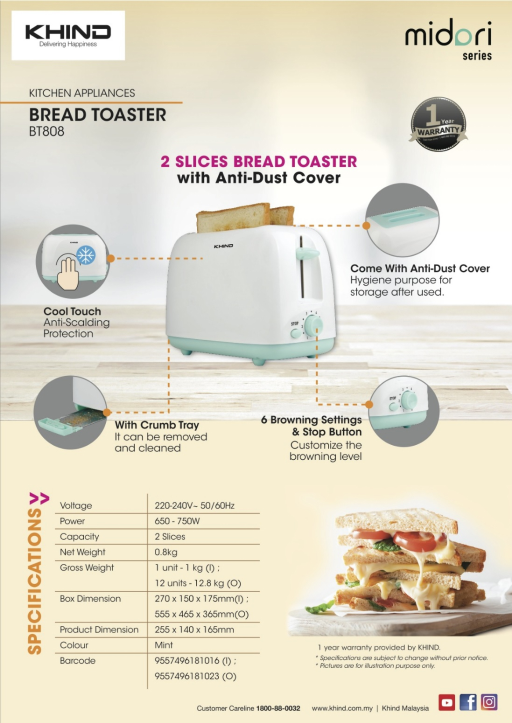 Khind Bread Toaster with Anti-Dust Cover Pembakar Roti BT808 750W ...
