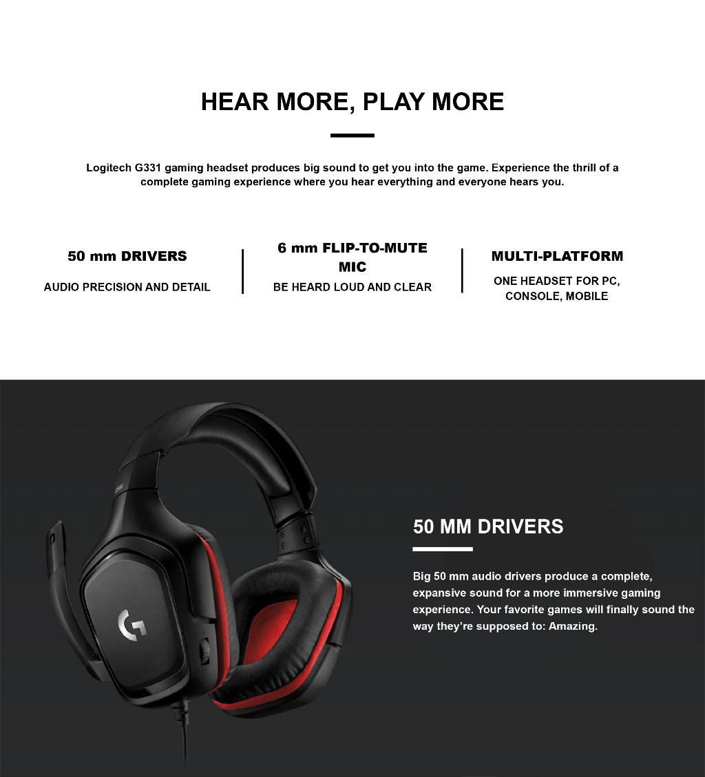 LOGITECH G331 Wired Gaming Headset with 50mm Drivers, On-Headset Volume ...