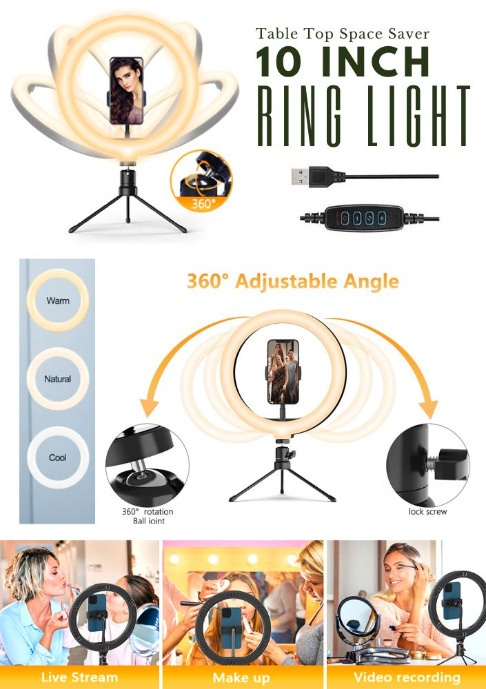 26CM (10") LED Ring Light Table Top Stand Selfie Fill Light Lampu Live ...