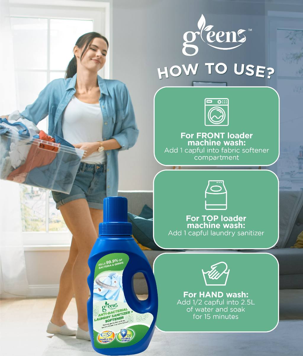 GREENS 2 in 1 Anti-Bacterial Laundry Sanitizer and Softener Kills 99.9% ...