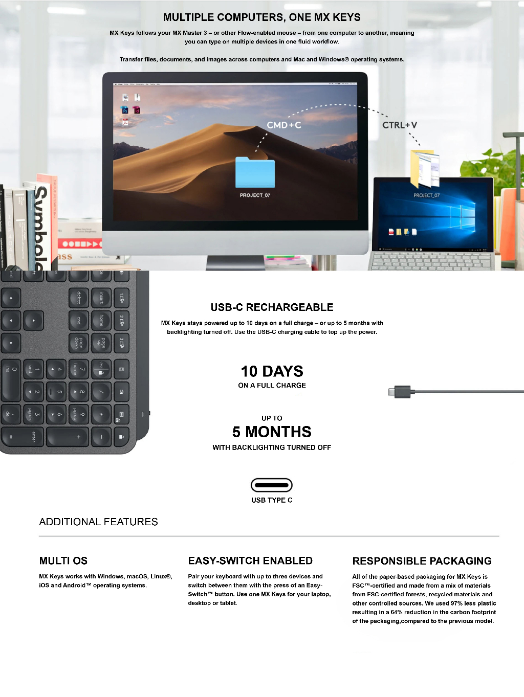 LOGITECH MX KEYS Wireless Keyboard with Dual Connectivity, Ambient ...