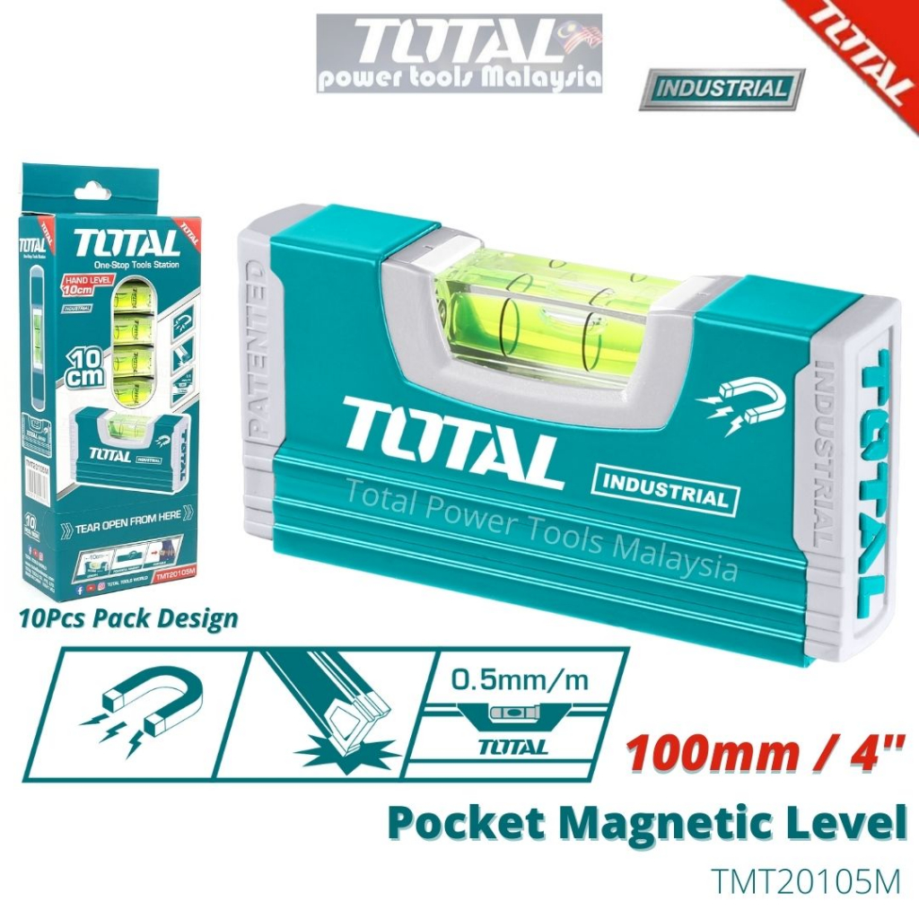 TOTAL Pocket Magnetic Water Level Ruler / Spirit Level 100mm 4'' 磁性平水线尺 ...