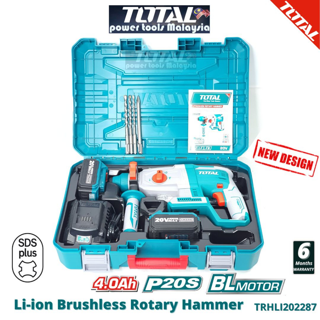 TOTAL COMBO Set Li-ion Rotary Hammer (BL motor) TRHLI202287 + Li-ion ...