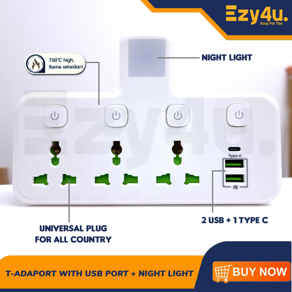 3 PIN T ADAPORT ADAPTOR ADAPTER SOCKET OUTLET TYPE C 2 USB PORT NIGHT ...