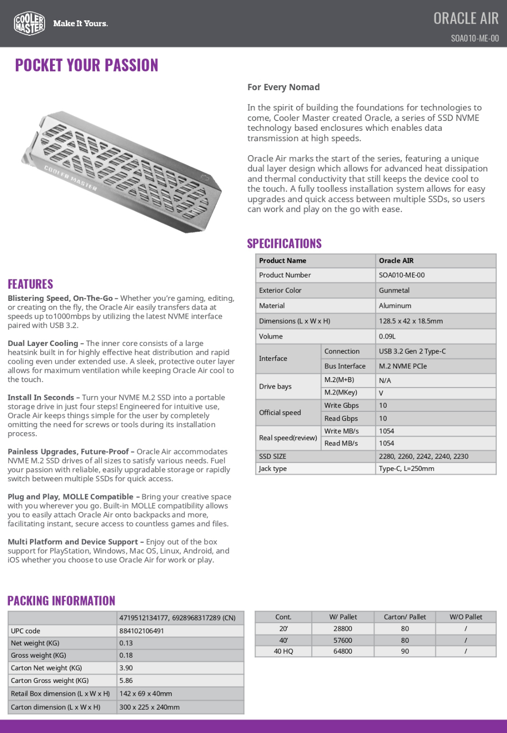 COOLER MASTER ORACLE AIR NVME M.2 SSD TO USB3.0 ENCLOSURE (SOA010-ME-00 ...
