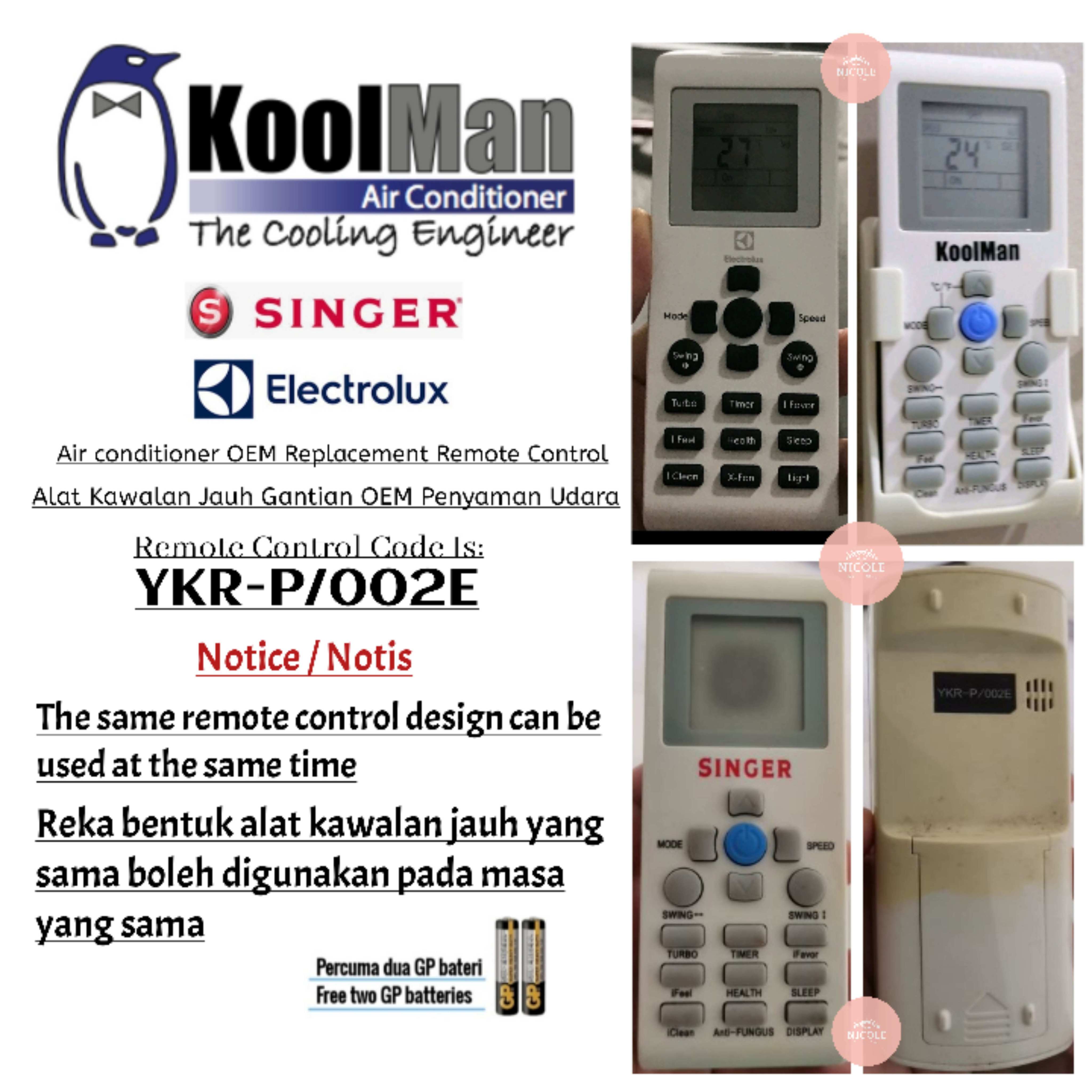 KoolMan/Singer/Electrolux Air Cond Air Conditioner Replacement Remote ...